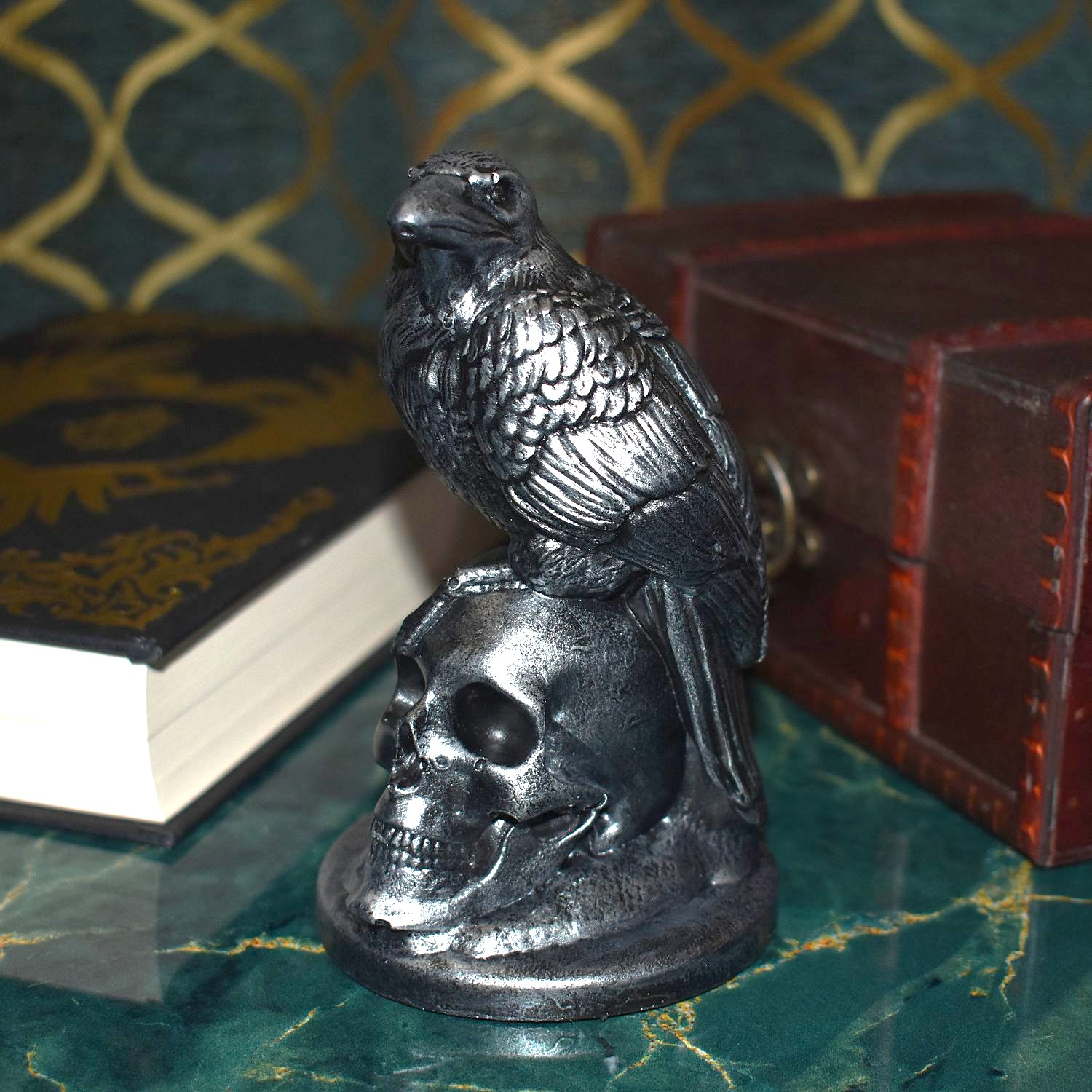 Black and Silver Raven Skull Ornament: Gothic Decor - The Whispering Raven